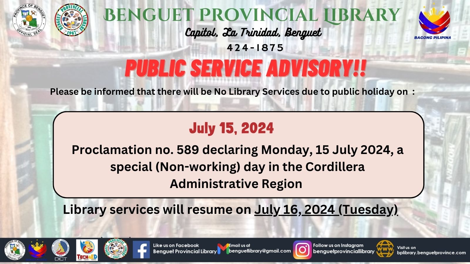 Public Service Advisory for July 15, 2024 – Benguet Provincial Library